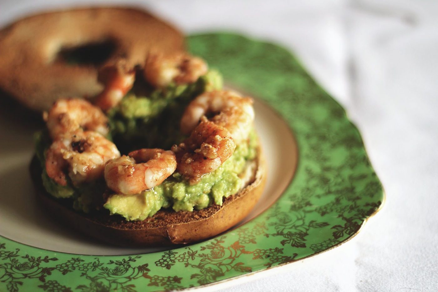 Coconut Garlic Prawns and Guacamole Bagel - Elizabeth Dhokia